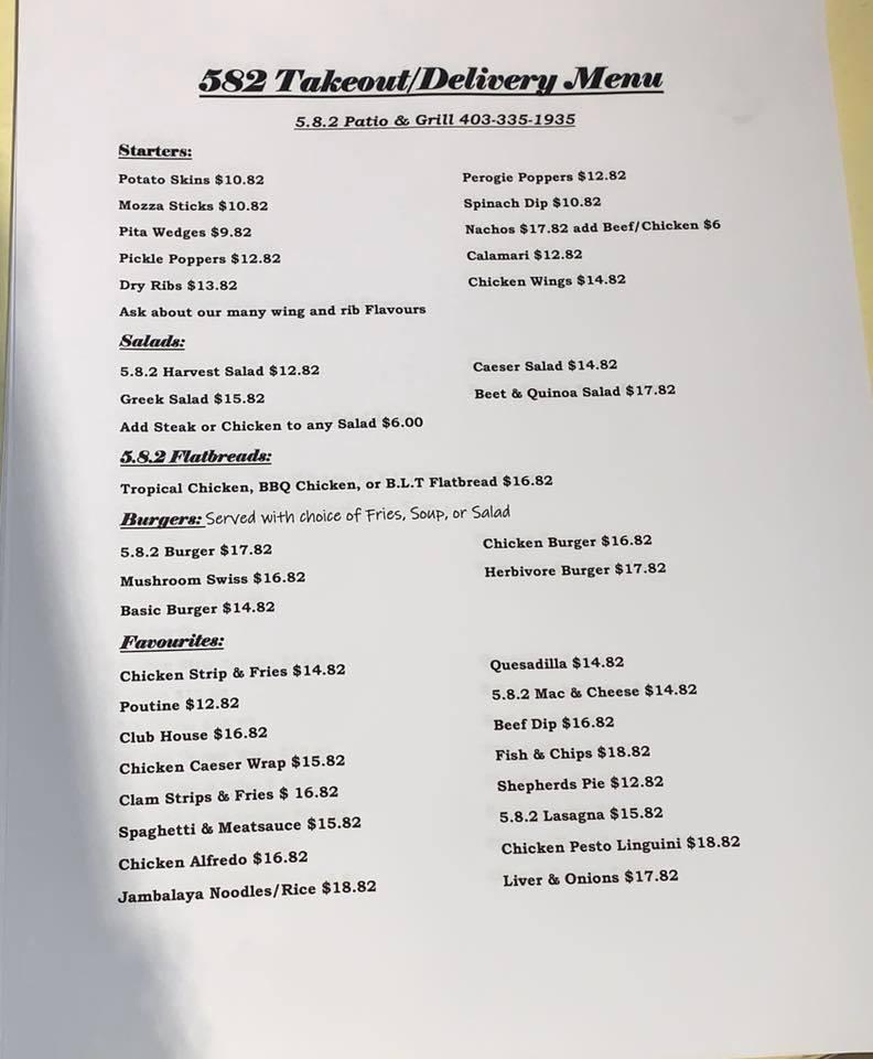 Menu at 582 Patio & Grill pub & bar, Didsbury
