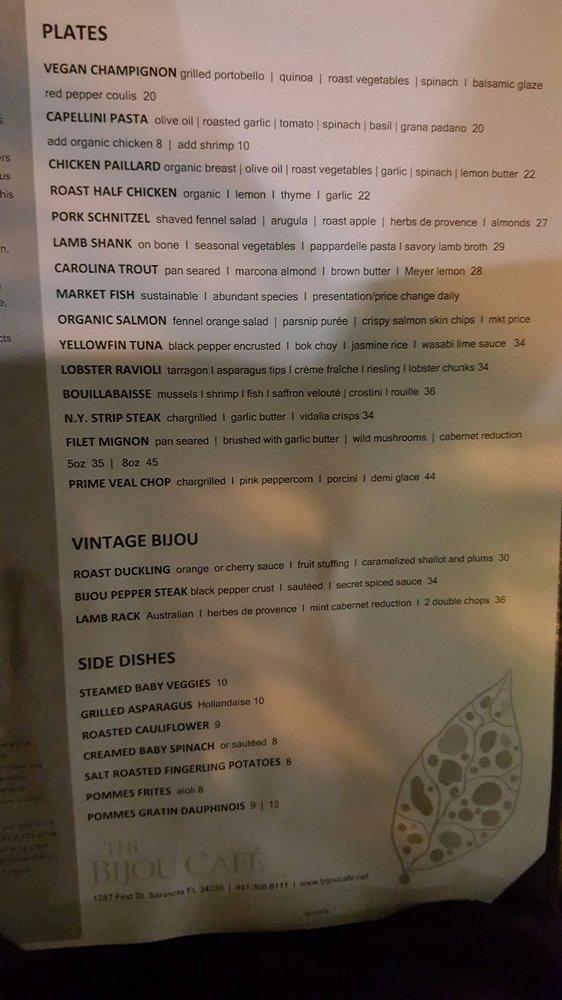 Menu at Bijou Garden Cafe, Sarasota