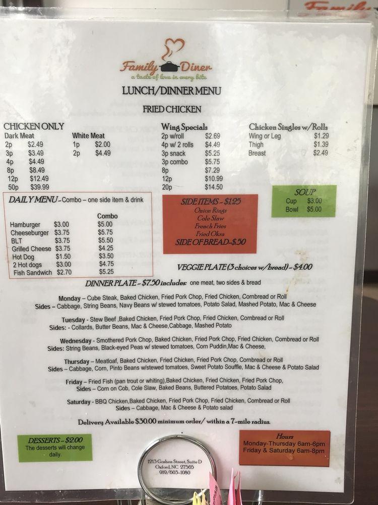 Menu at Family Diner restaurant, Oxford