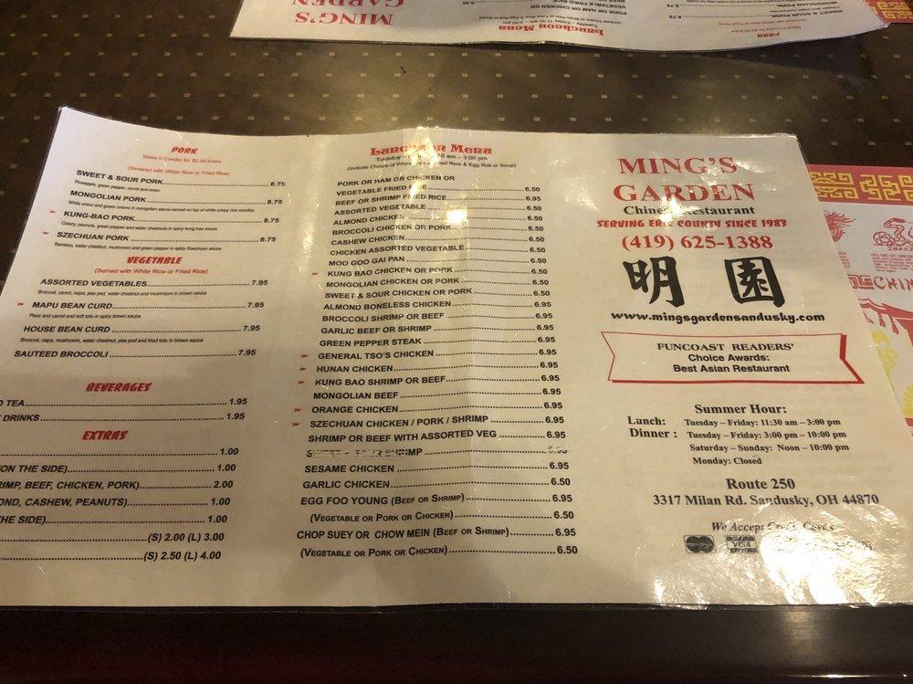 Menu at Ming's Garden restaurant, Sandusky