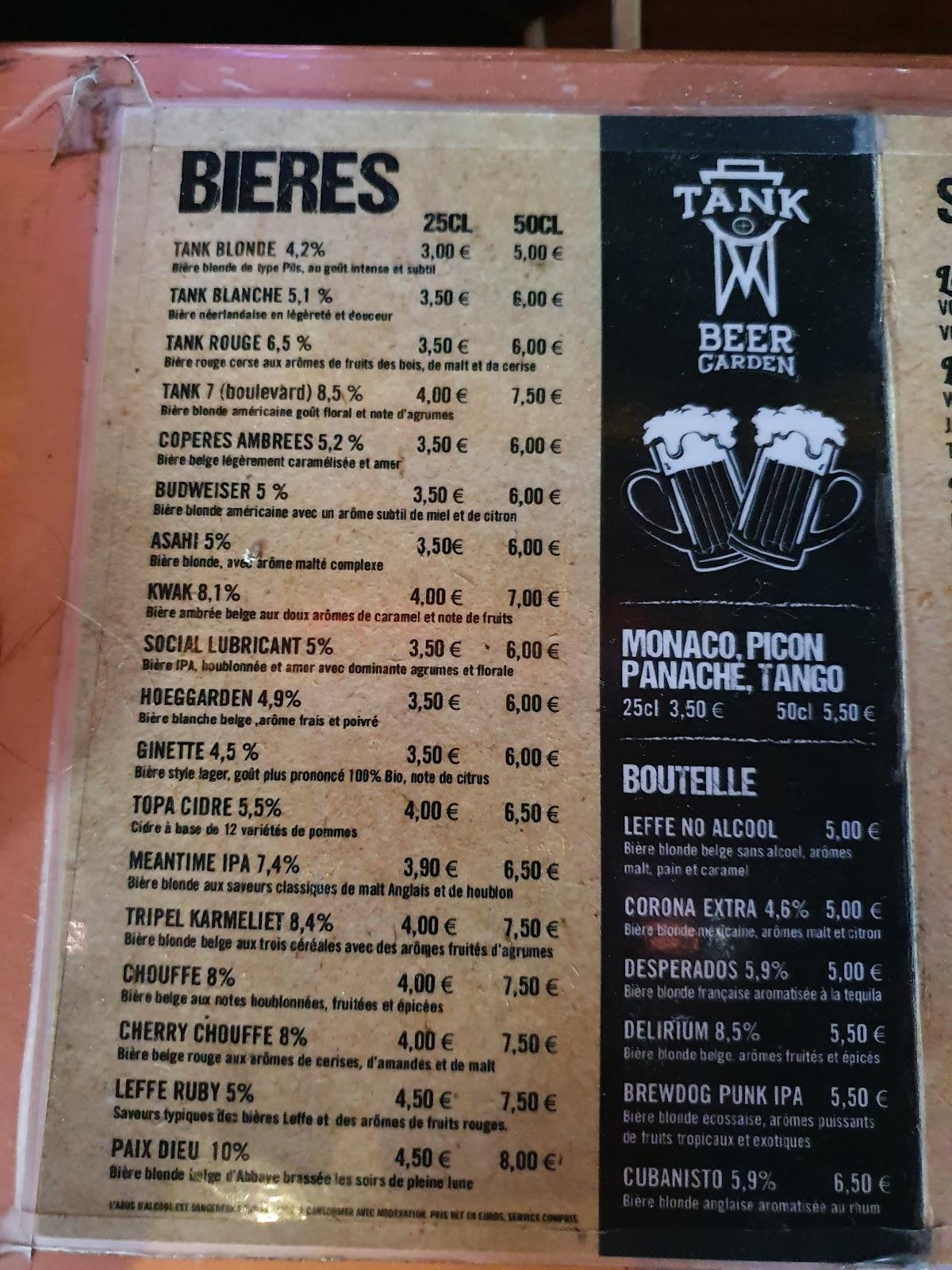 Menu at Tank pub & bar, Lyon