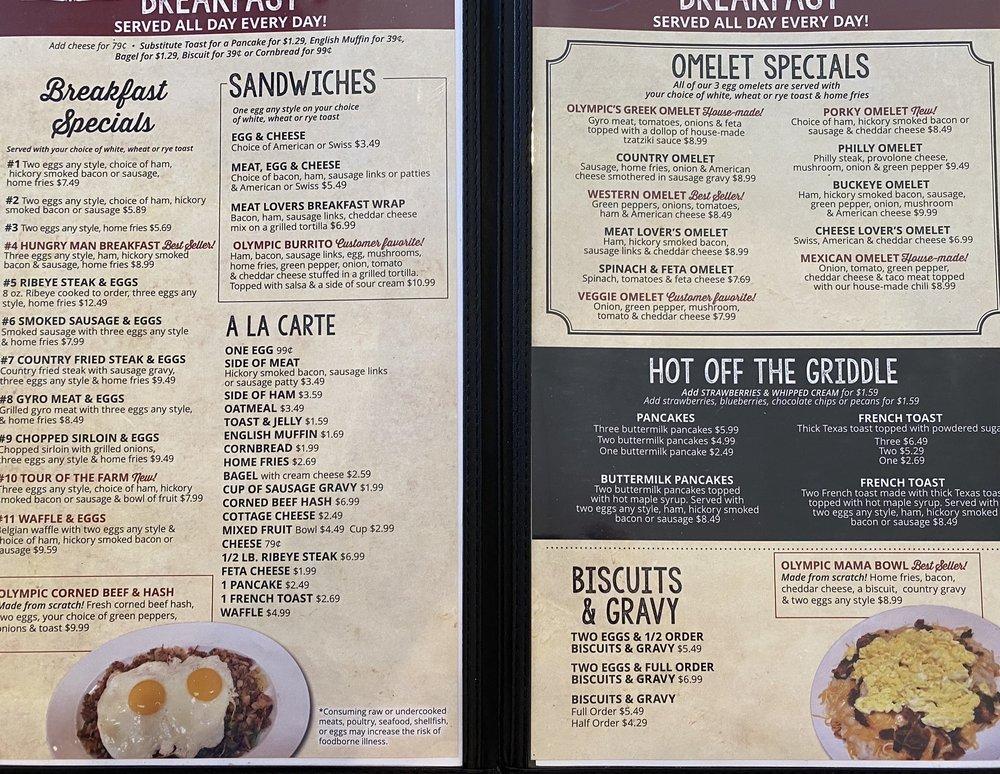 Menu at The Olympic Diner restaurant, Hilliard