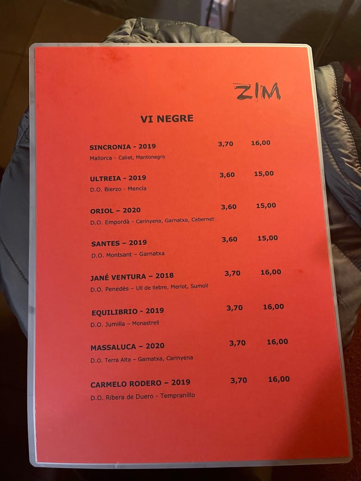 Carta del pub y bar Zim, Barcelona