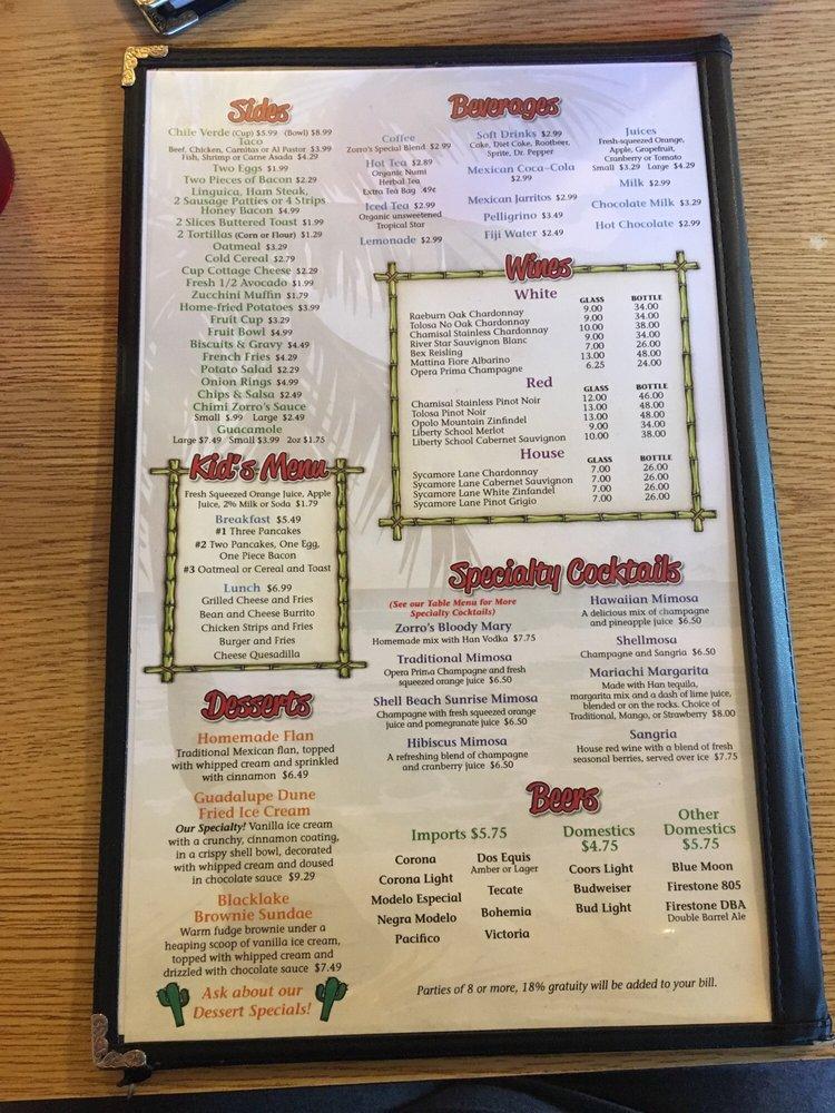 Menu at Zorro's Cafe & Cantina, Pismo Beach