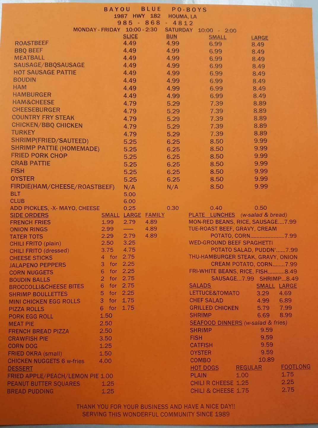 Menu at Bayou Blue Po-Boys restaurant, Houma, LA-182