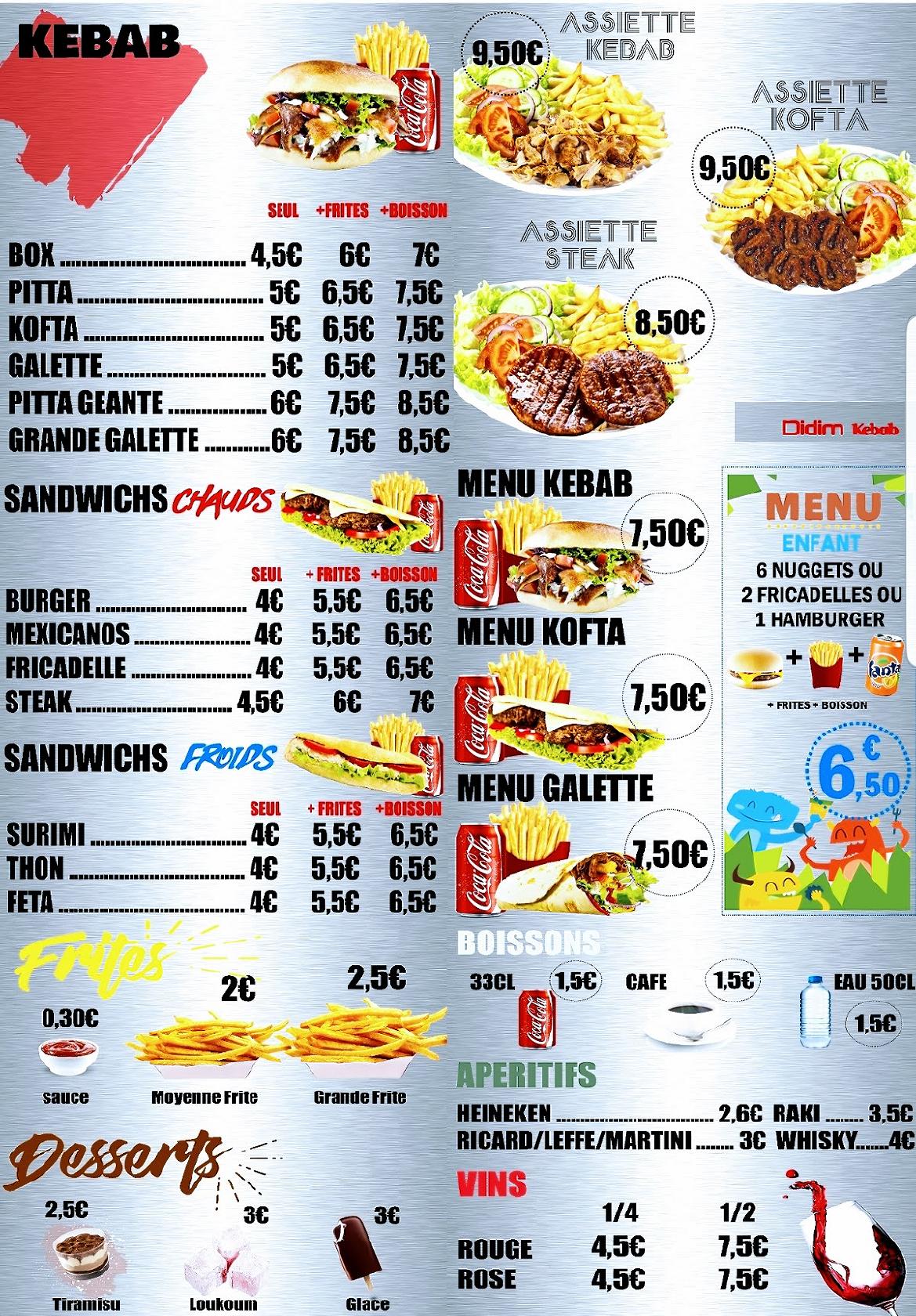 Carta del restaurante Didim Kebab, Baisieux