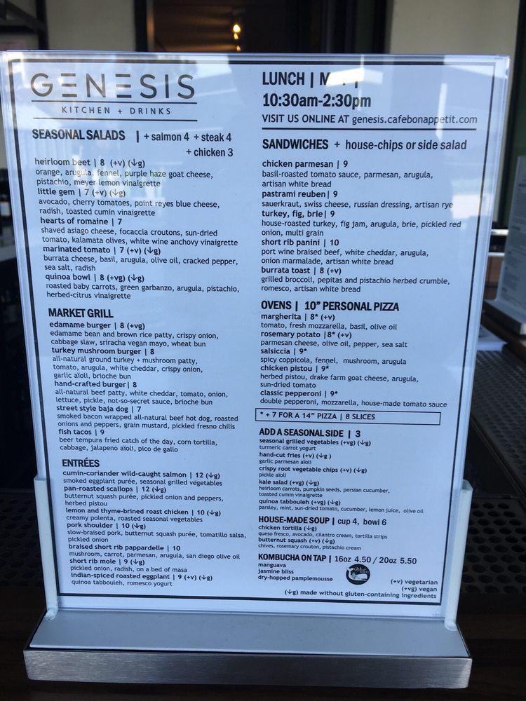 Menu at GENESIS Kitchen + Drinks restaurant, San Diego
