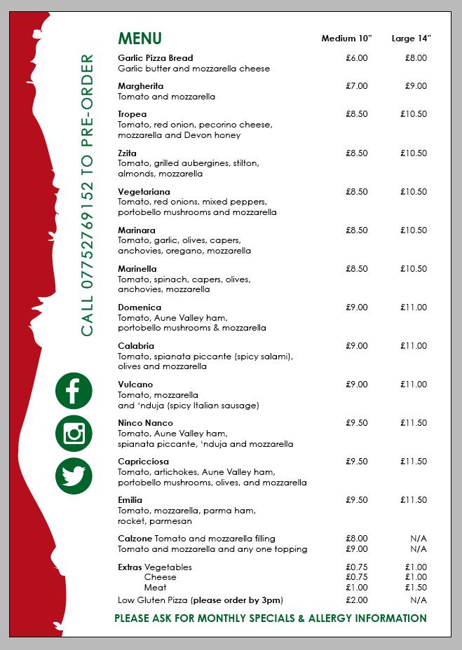 Menu at Il vulcano pizzeria, Salcombe