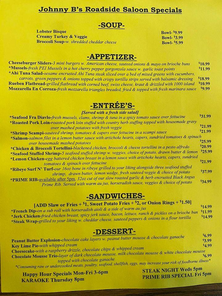 Menu at Johnny B's Roadside Saloon pub & bar, Wolcott