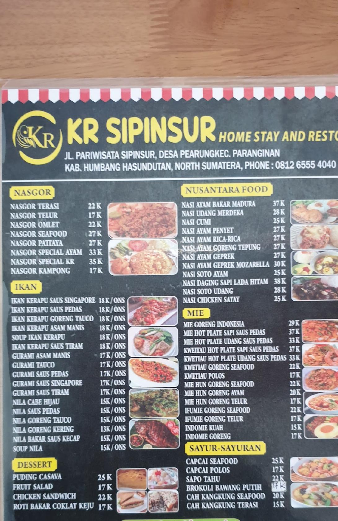 Carta del restaurante KR. SIPINSUR RESTO & HOMESTAY, Indonesia