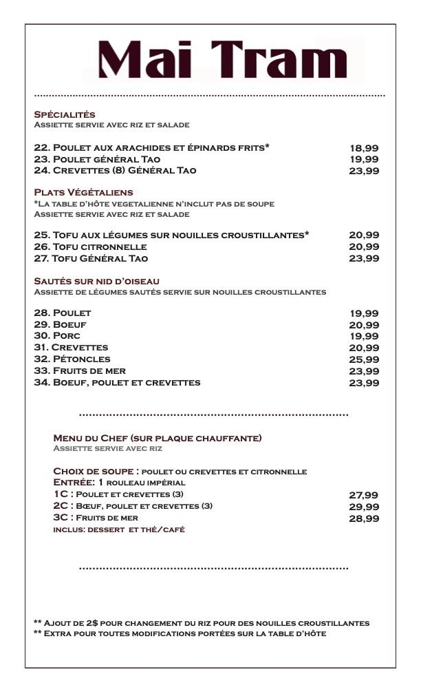 Menu au Mai Tram restaurant, Québec