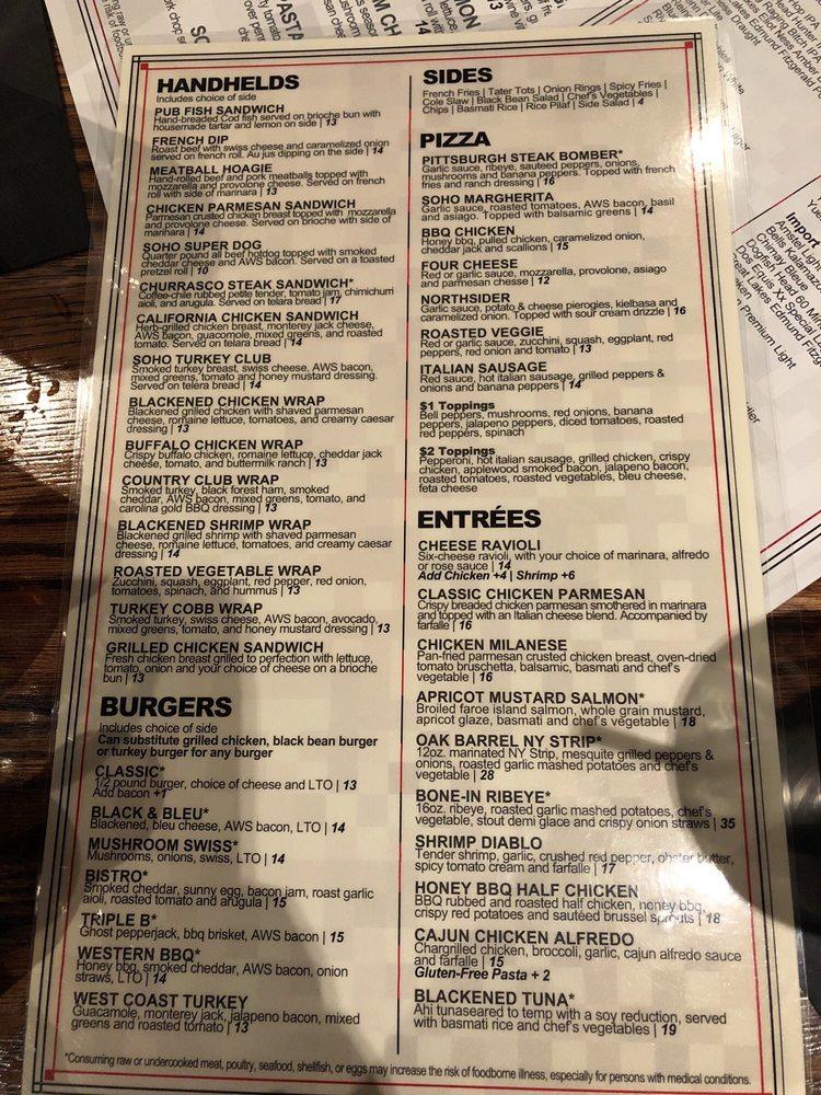 Menu at SoHo pub & bar, Pittsburgh, 203 Federal St