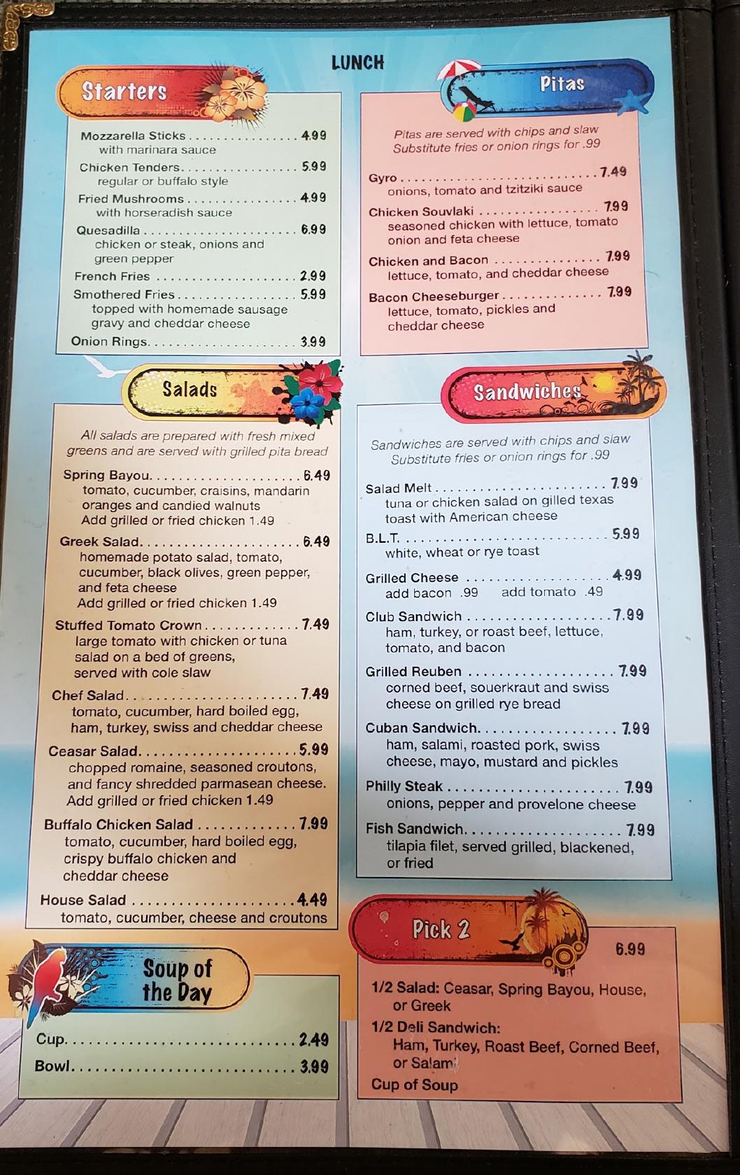 Menu at The Bayou Cafe, Tarpon Springs