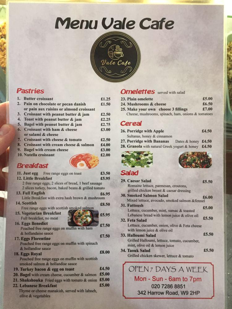 Carta de Vale Cafe, Londres, 342 Harrow Rd