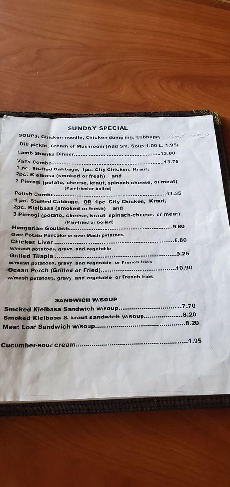 Menu at Val's Polish Kitchen restaurant, Rochester Hills