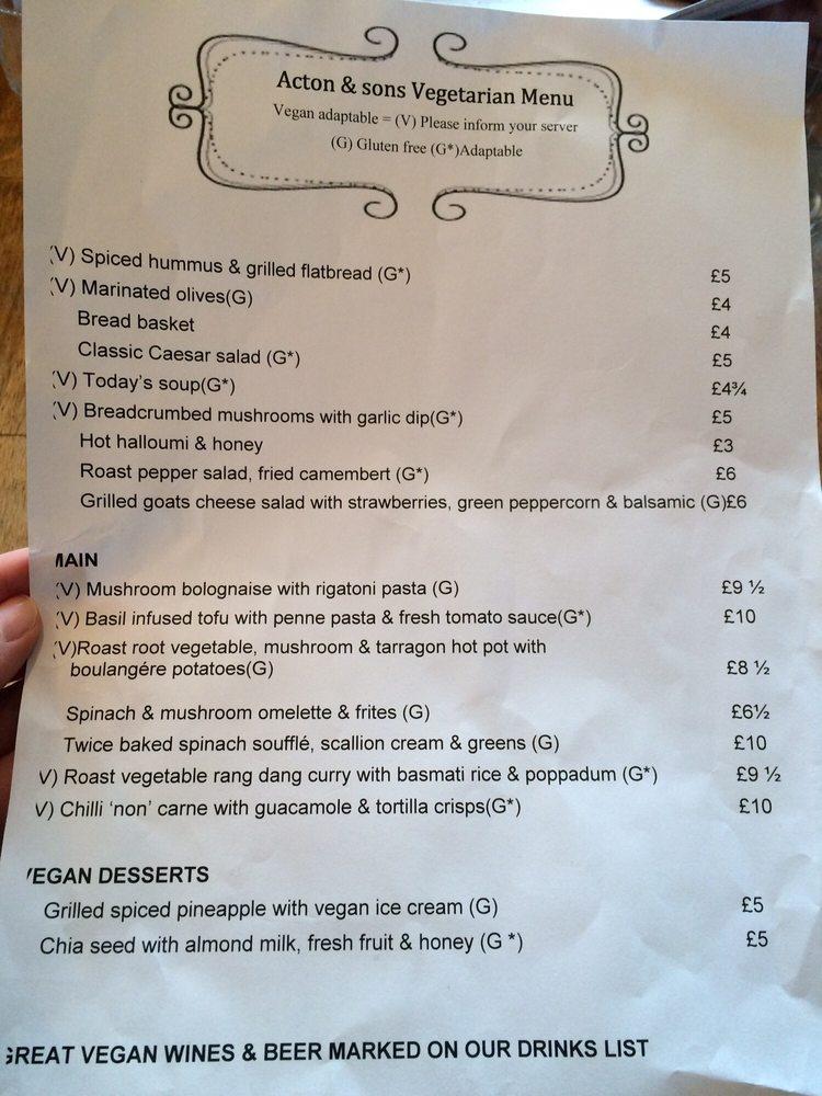 Menu at Actons restaurant, Belfast