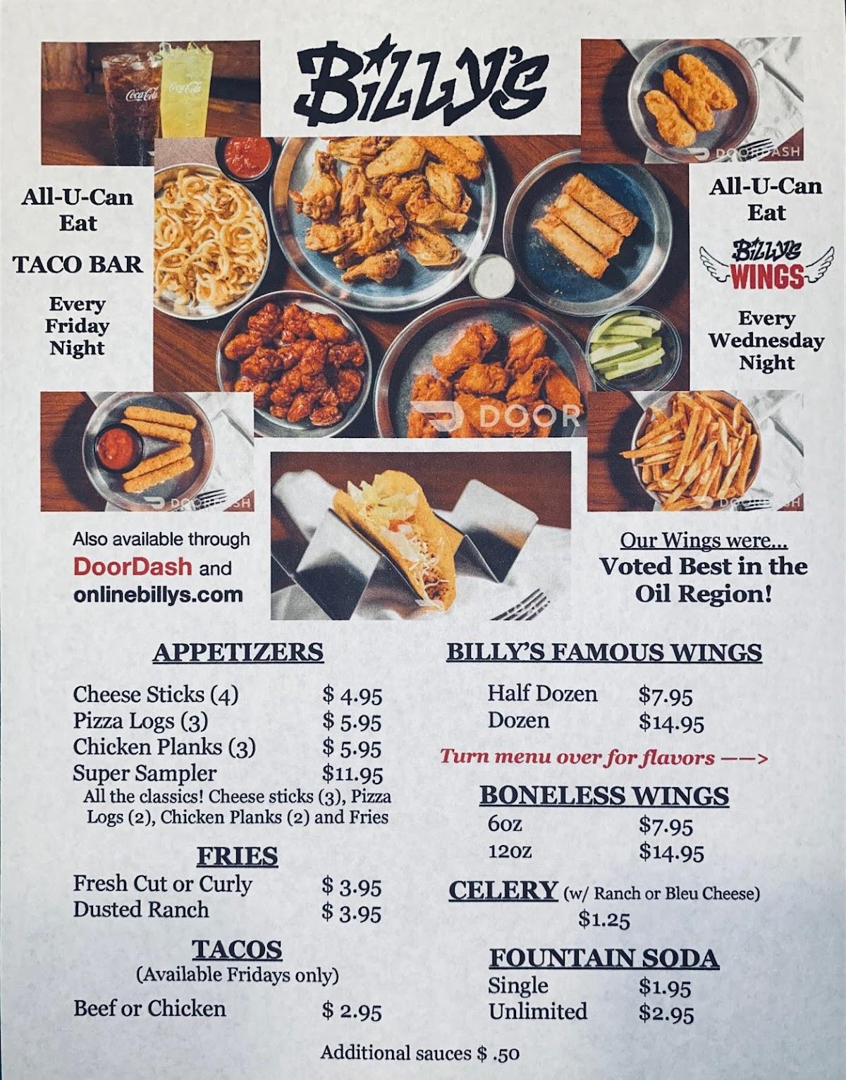 Menu at Billy's pub & bar, Oil City