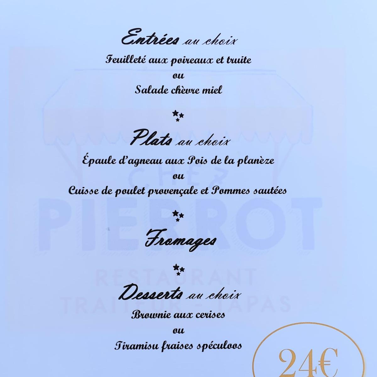 Menu au Chez Pierrot restaurant, Le Malzieu-Ville