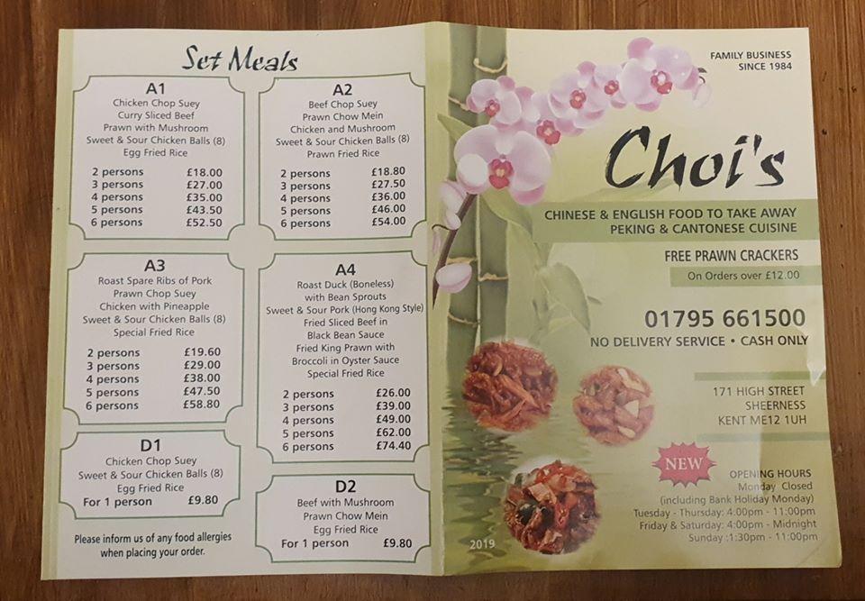 Menu at Choi's restaurant, Sheerness