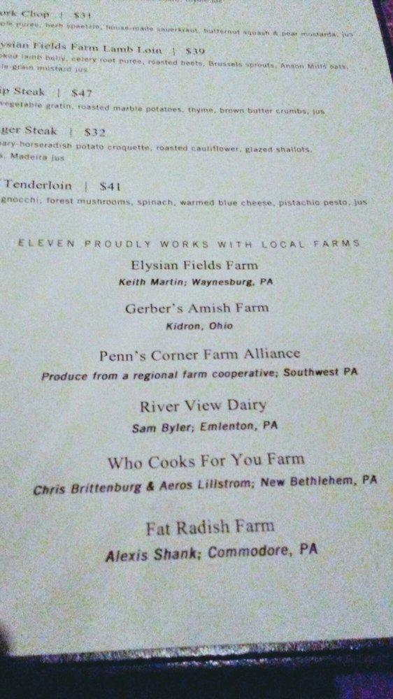 Menu at Eleven restaurant, Pittsburgh, Smallman St