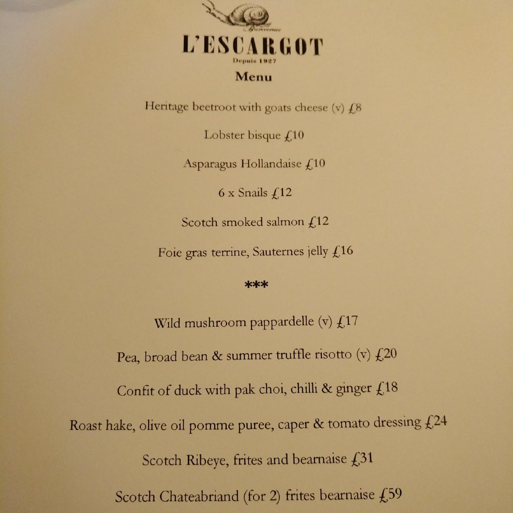 Menu at L'Escargot Restaurant, London