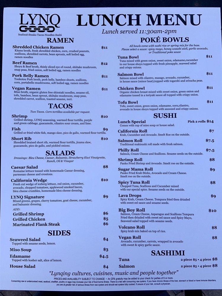 Menu at LYNQ restaurant, Fort Myers, Summerlin Rd #223