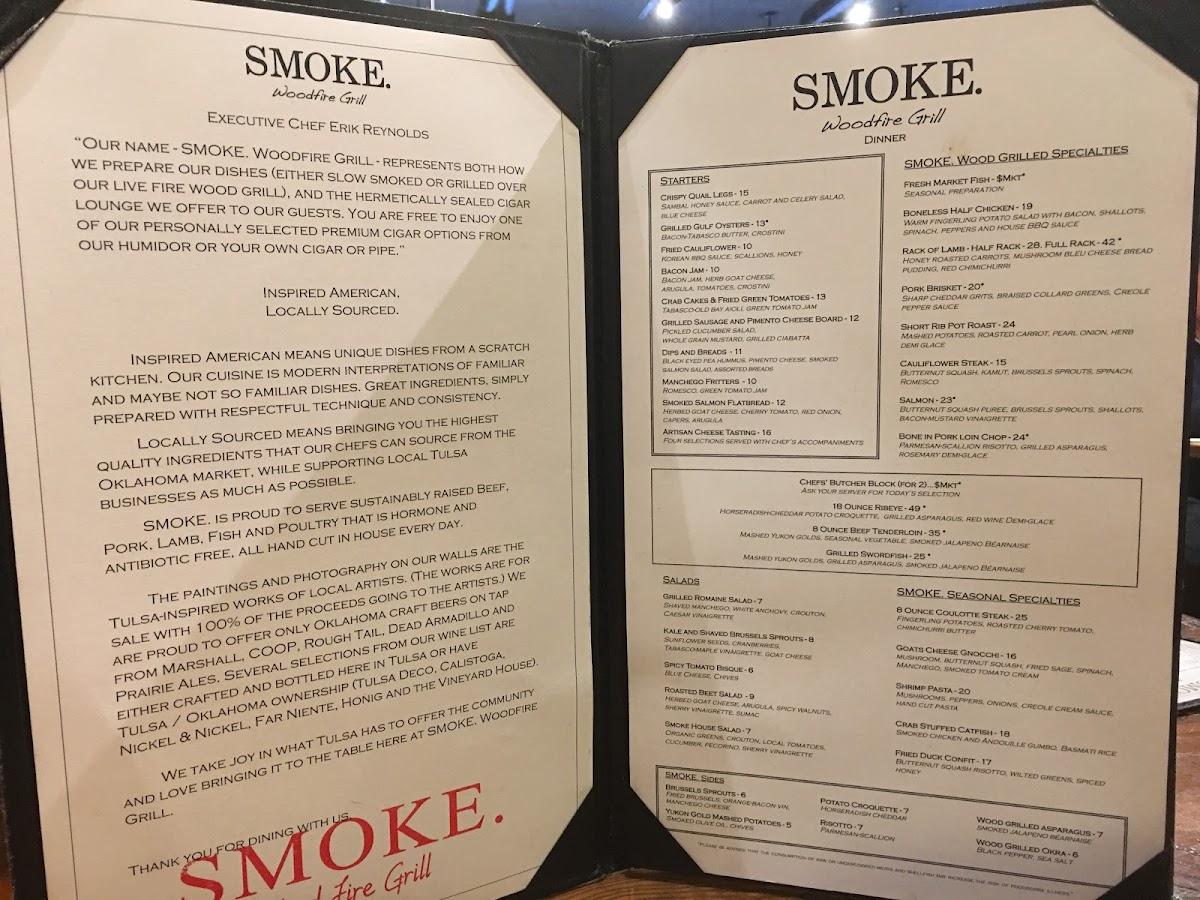 Menu at SMOKE. Woodfire Grill pub & bar, Tulsa