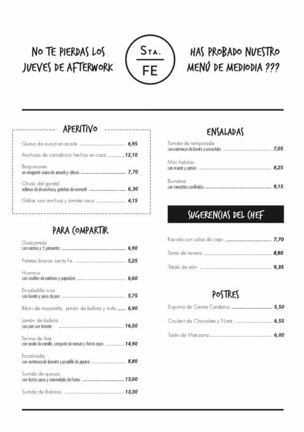 Menu at Sta Fe pub & bar, Barcelona