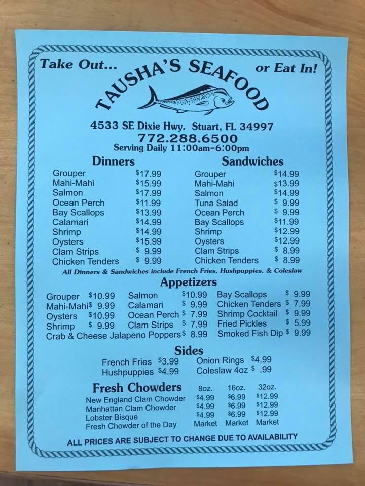 Menu at Tausha's Seafood Market restaurant, Stuart