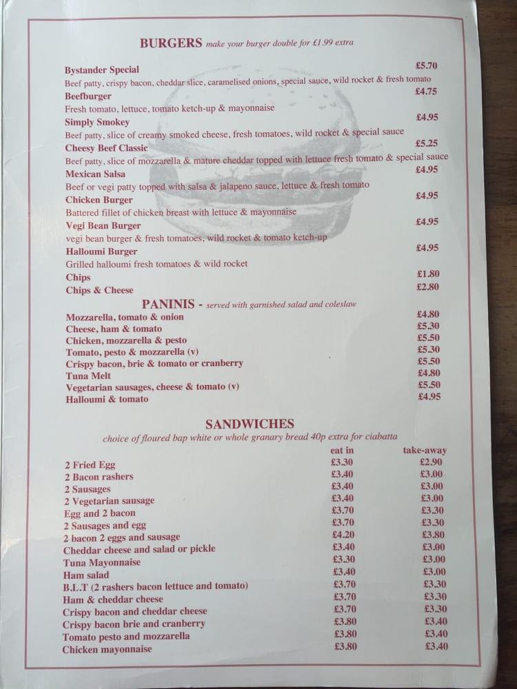 Menu at The Bystander cafe, Brighton