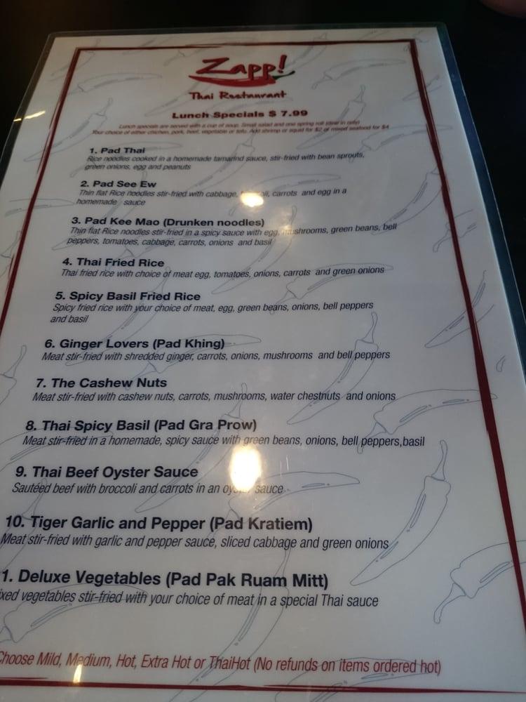 Menu at Zapp Thai Restaurant, Greenfield