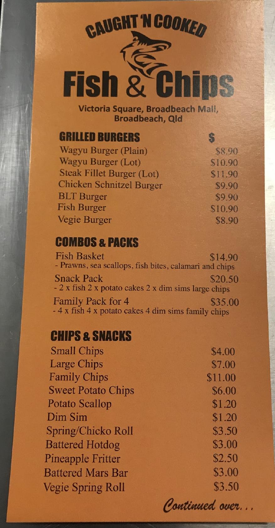 Menu at Caught 'n Cooked Fish & Chips Broadbeach fast food, Broadbeach ...
