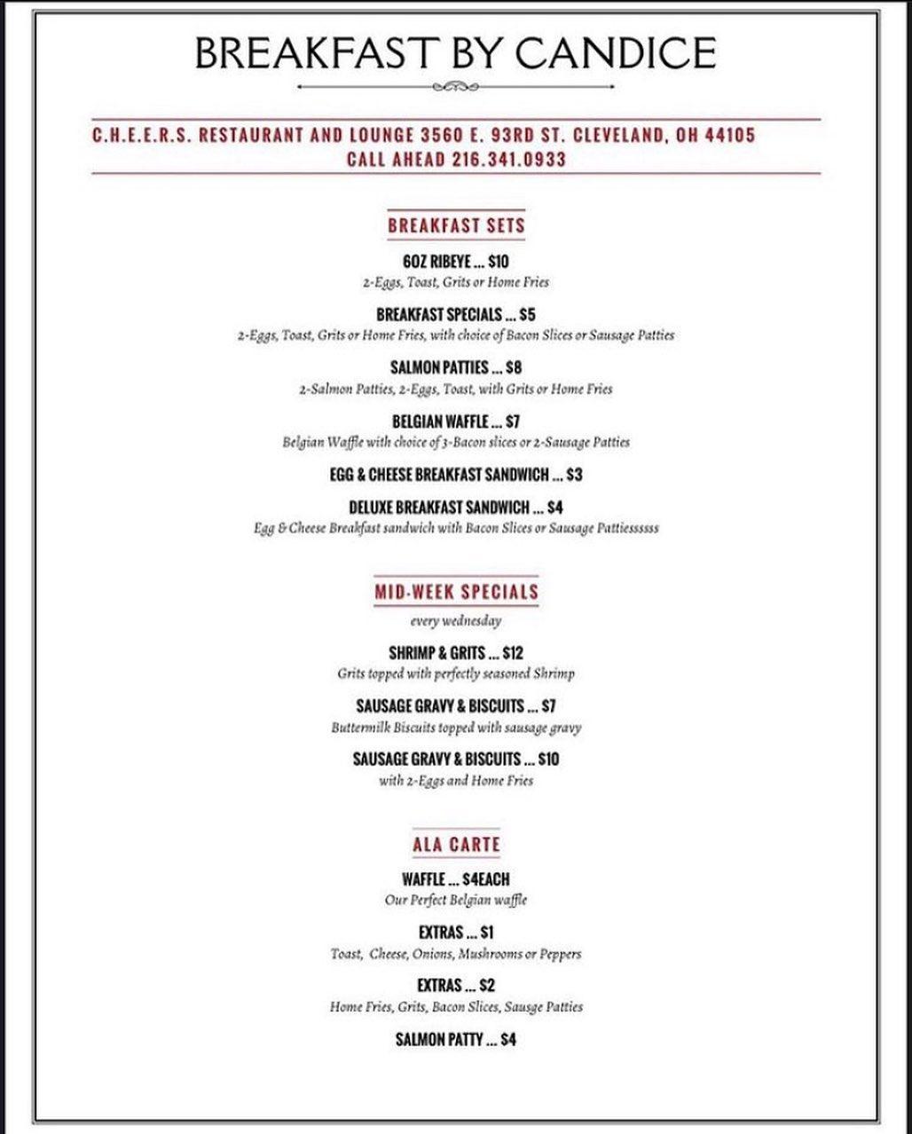 Menu at Cheers pub & bar, Cleveland