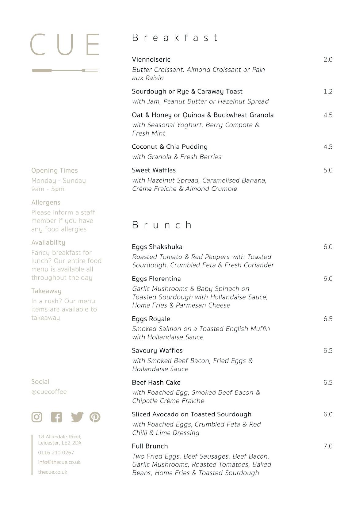 Menu at Cue cafe, Leicester