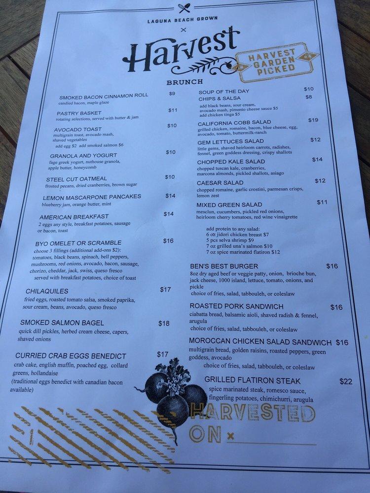 Menu at Harvest pub & bar, Laguna Beach