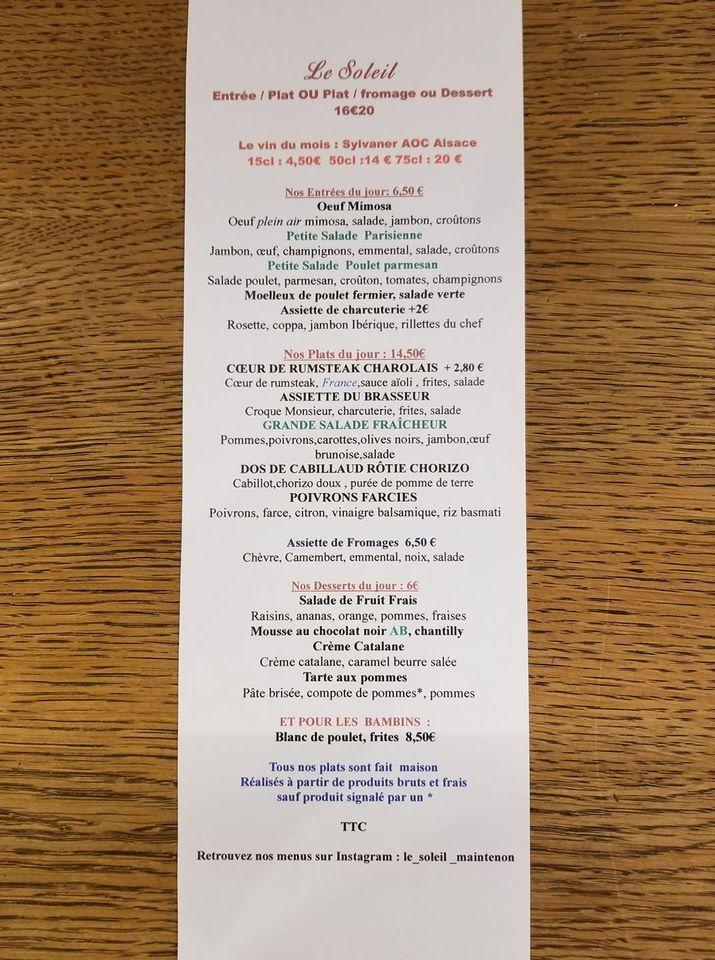 Menu au Le Soleil de Maintenon restaurant, Maintenon