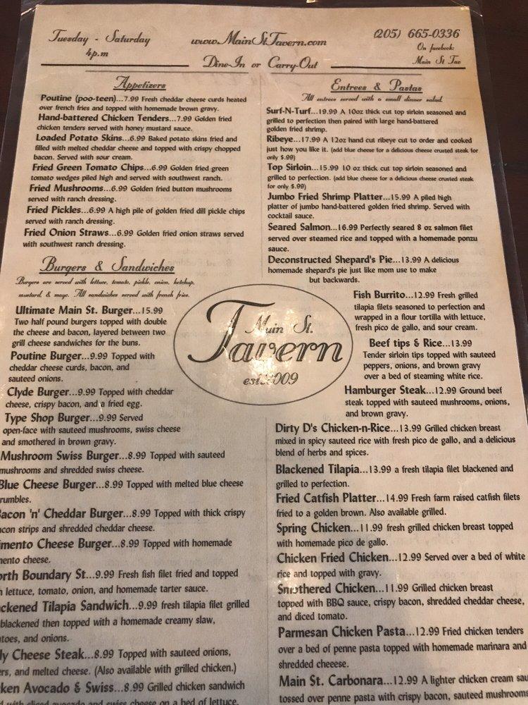 Menu at Main Street Tavern pub & bar, Montevallo, 710 N Boundary St