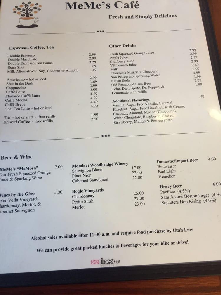 Menu at MeMe's Café cafe, Springdale