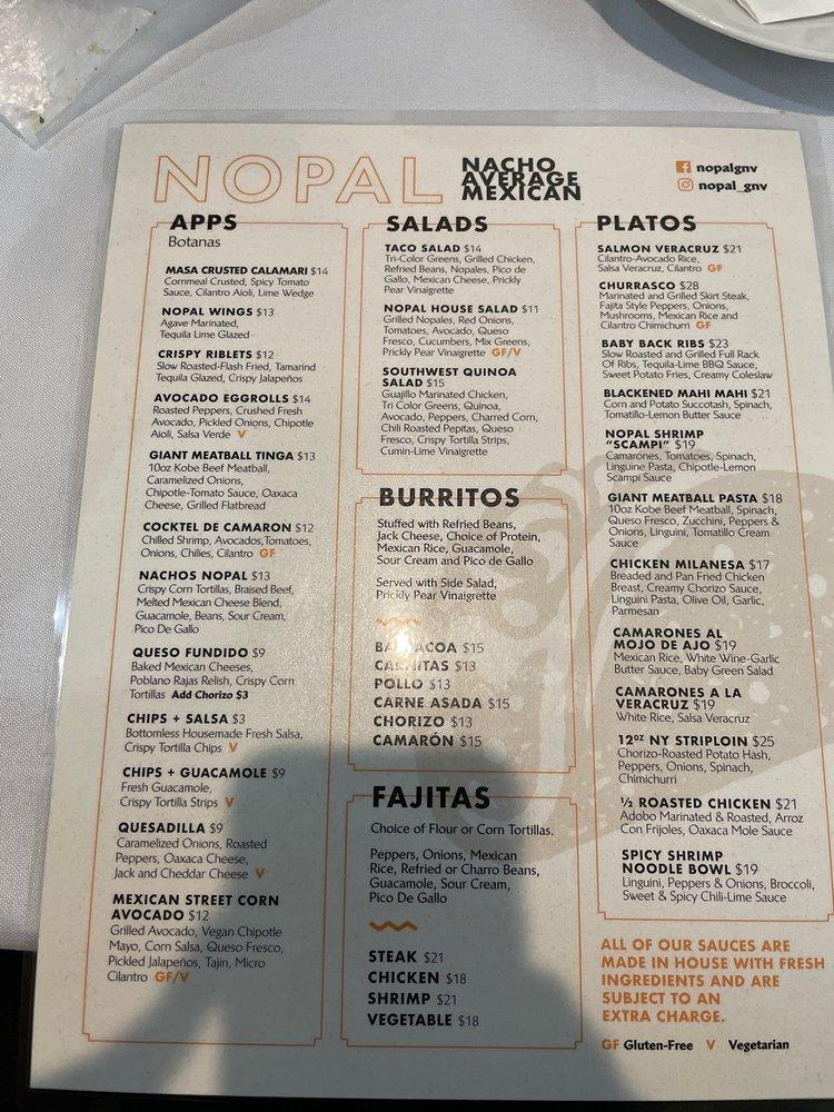Menu at Nopal by Cintrón restaurant, Gainesville