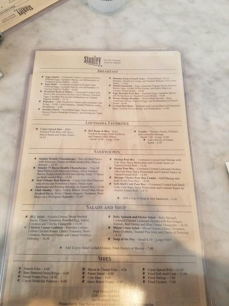 Menu at Stanley of New Orleans restaurant, New Orleans