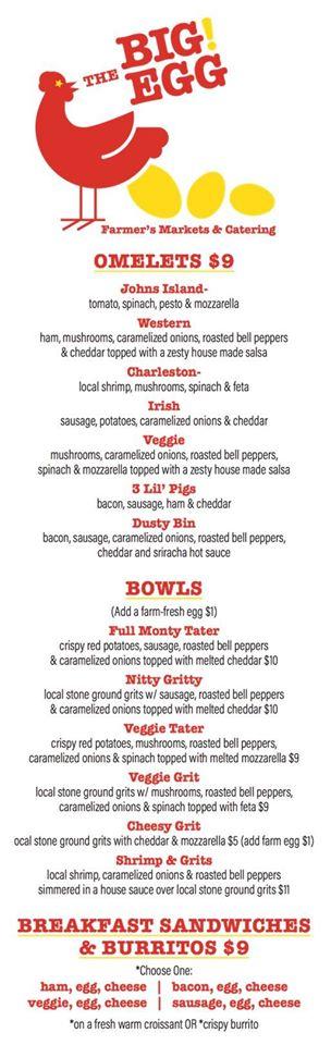 Menu at The Big Egg restaurant, Charleston