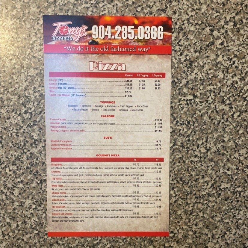 Menu at Tony's Pizza pizzeria, Ponte Vedra Beach, 302 Solana Rd #103
