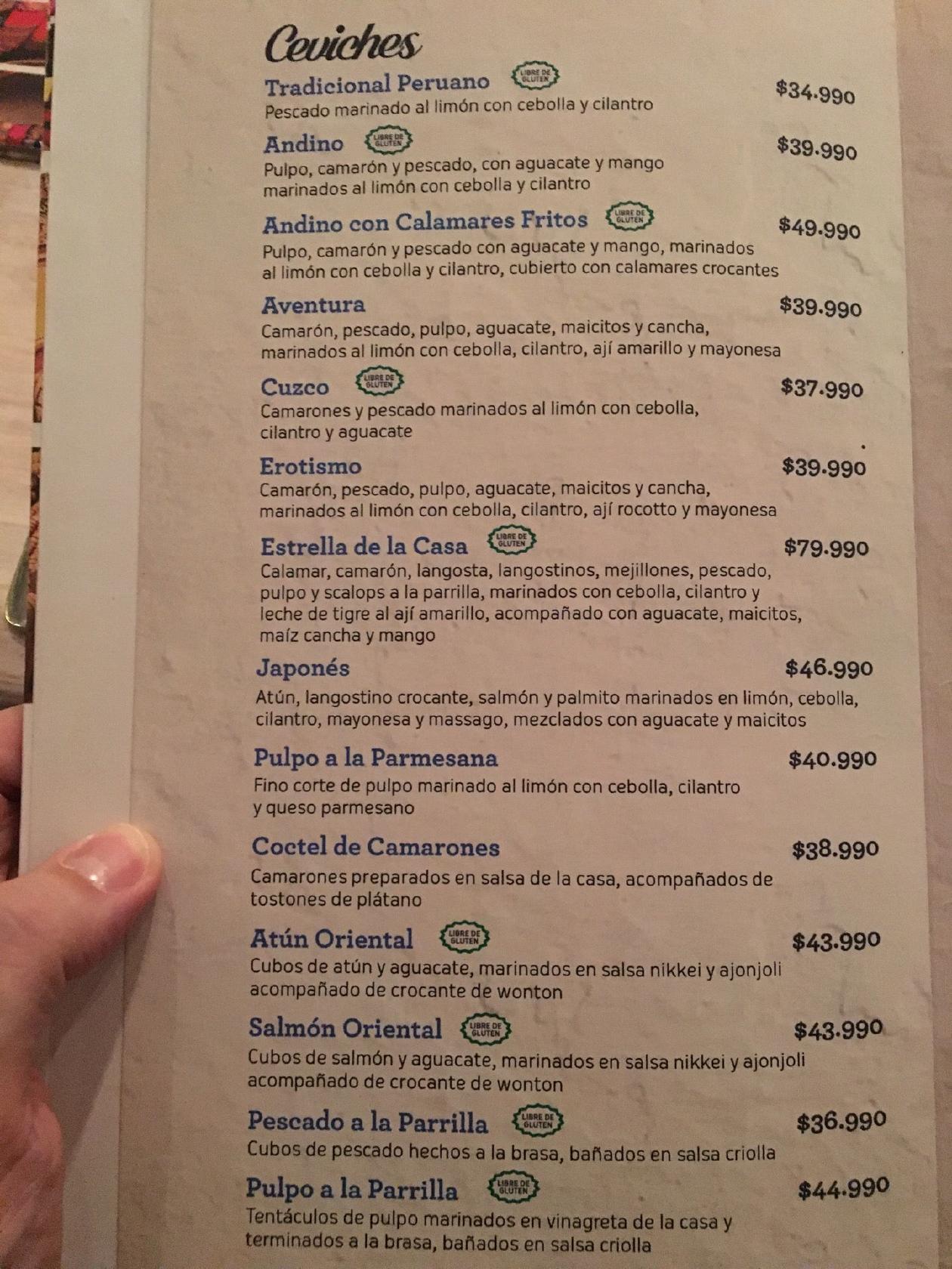 Carta del restaurante Cuzco Cocina Peruana, Cartagena