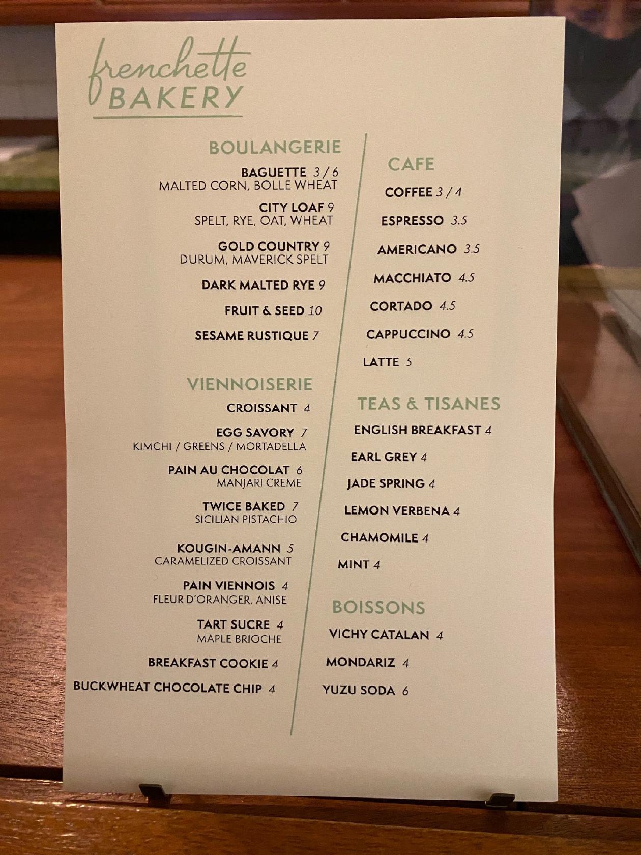 Menu at Frenchette Bakery, New York City, 220 Church St
