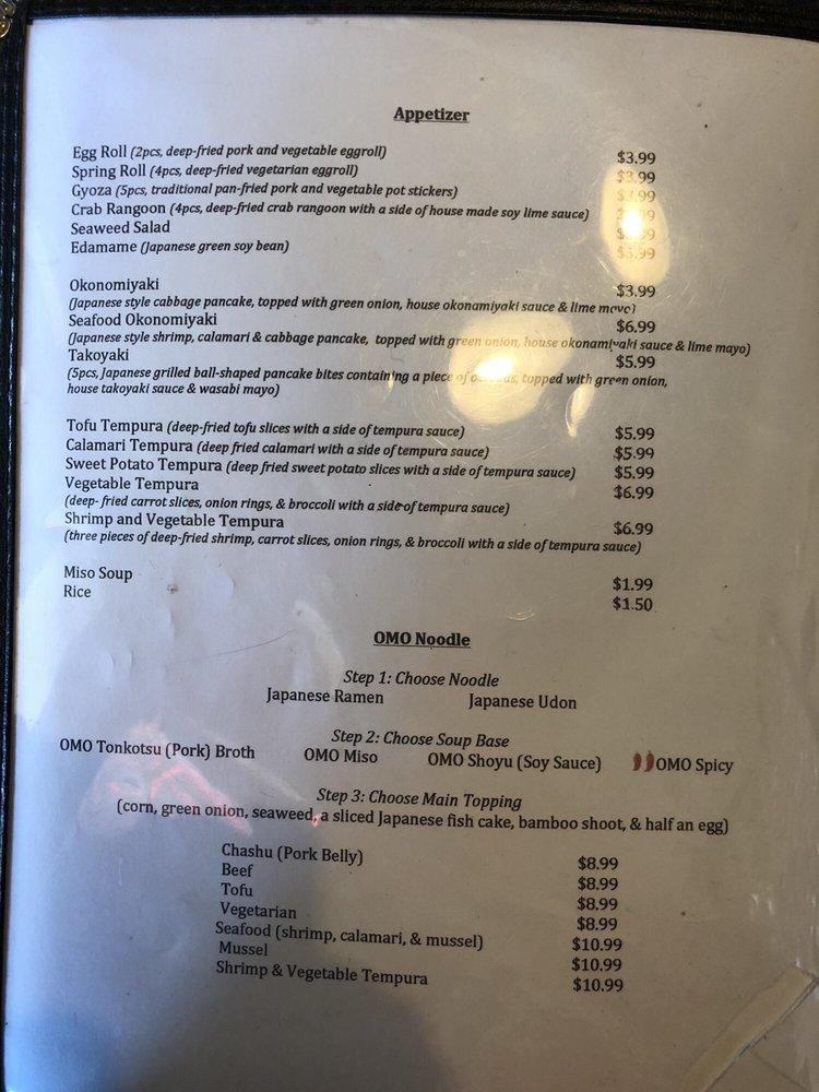 Menu at OMO Japanese Soul Food restaurant, Springfield
