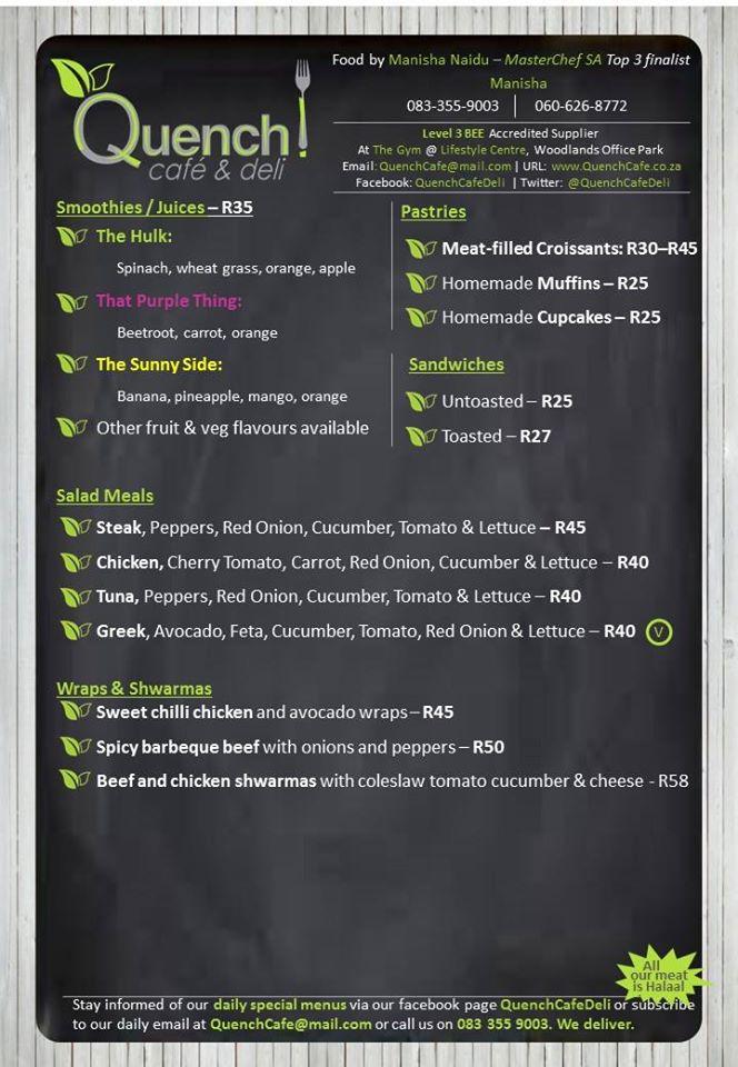 Speisekarte von Quench Café and Deli restaurant, Sandton