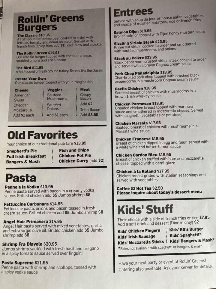 Menu at Rollin' Greens pub & bar, New York City