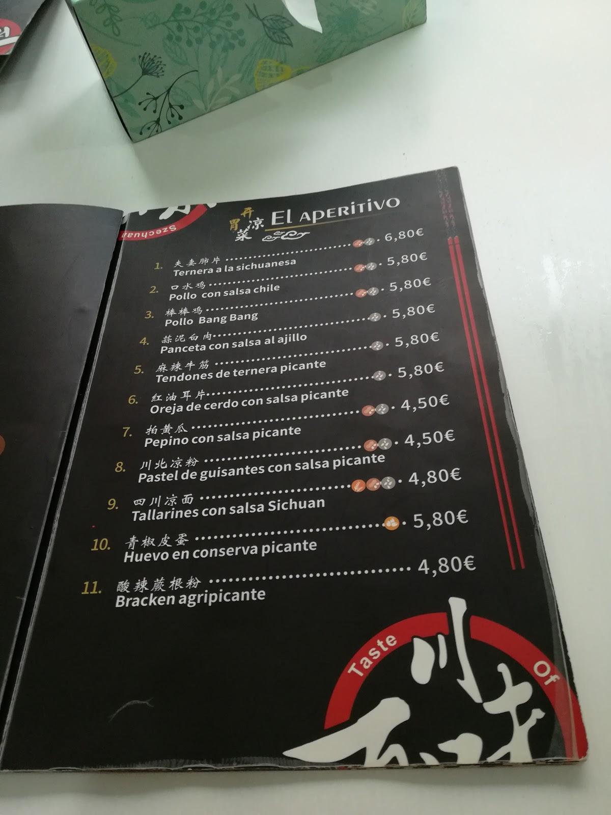 Carta del restaurante Sichuan Kitchen, Madrid, C/ del Maestro Guerrero