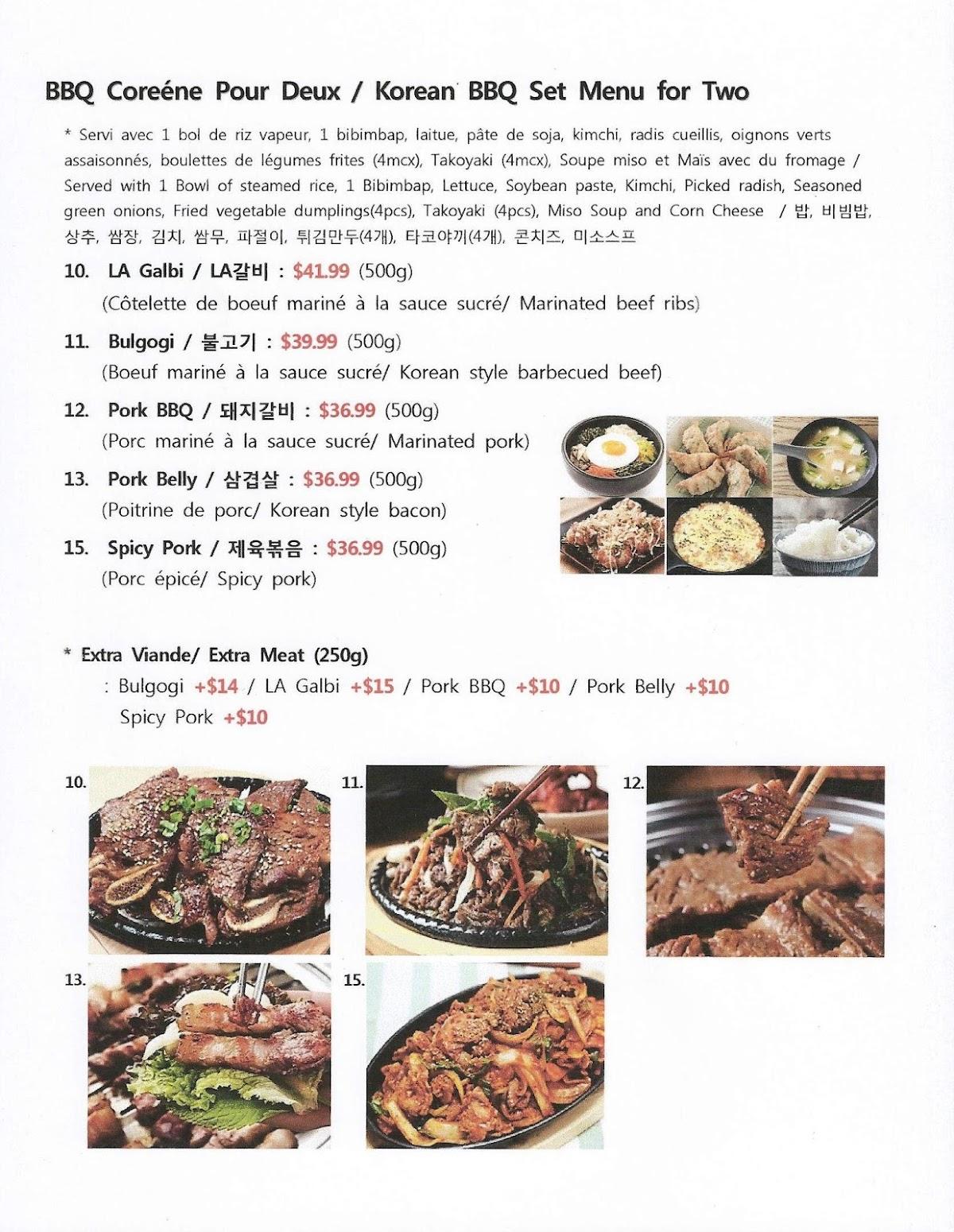 Menu au HoHo Korean BBQ, Montréal