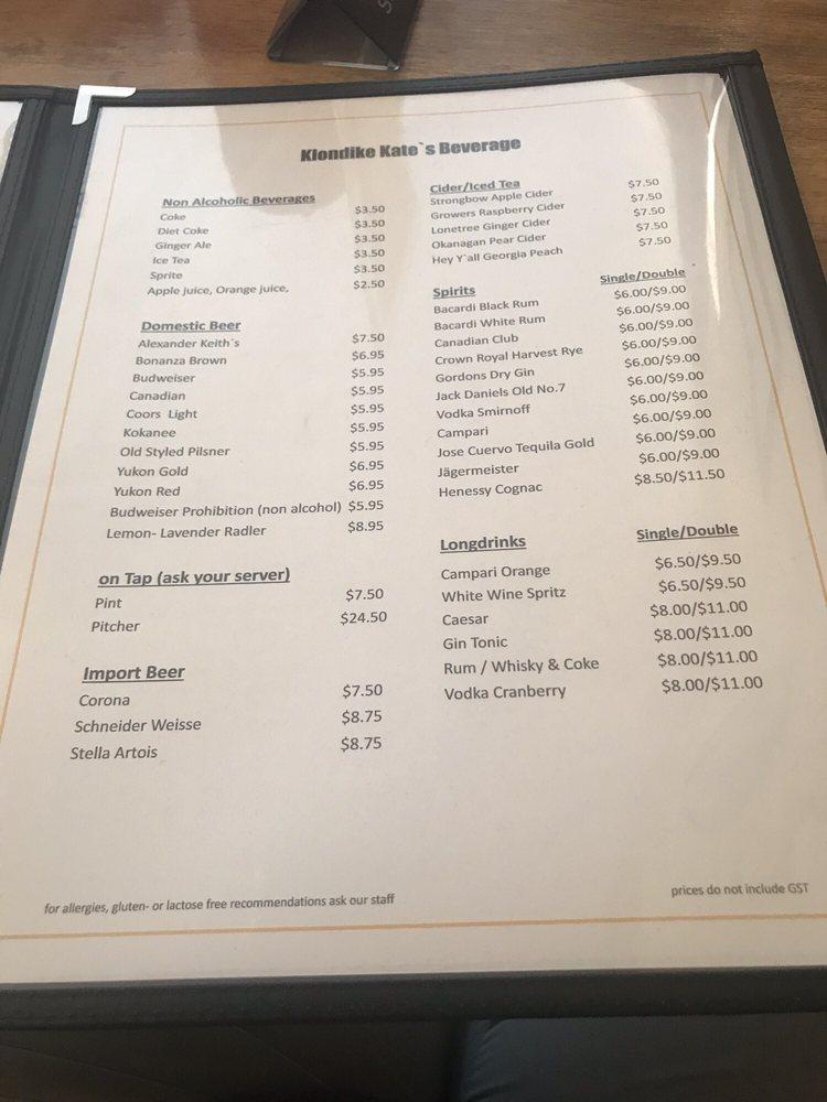Menu at Klondike Kate's Restaurant, Dawson